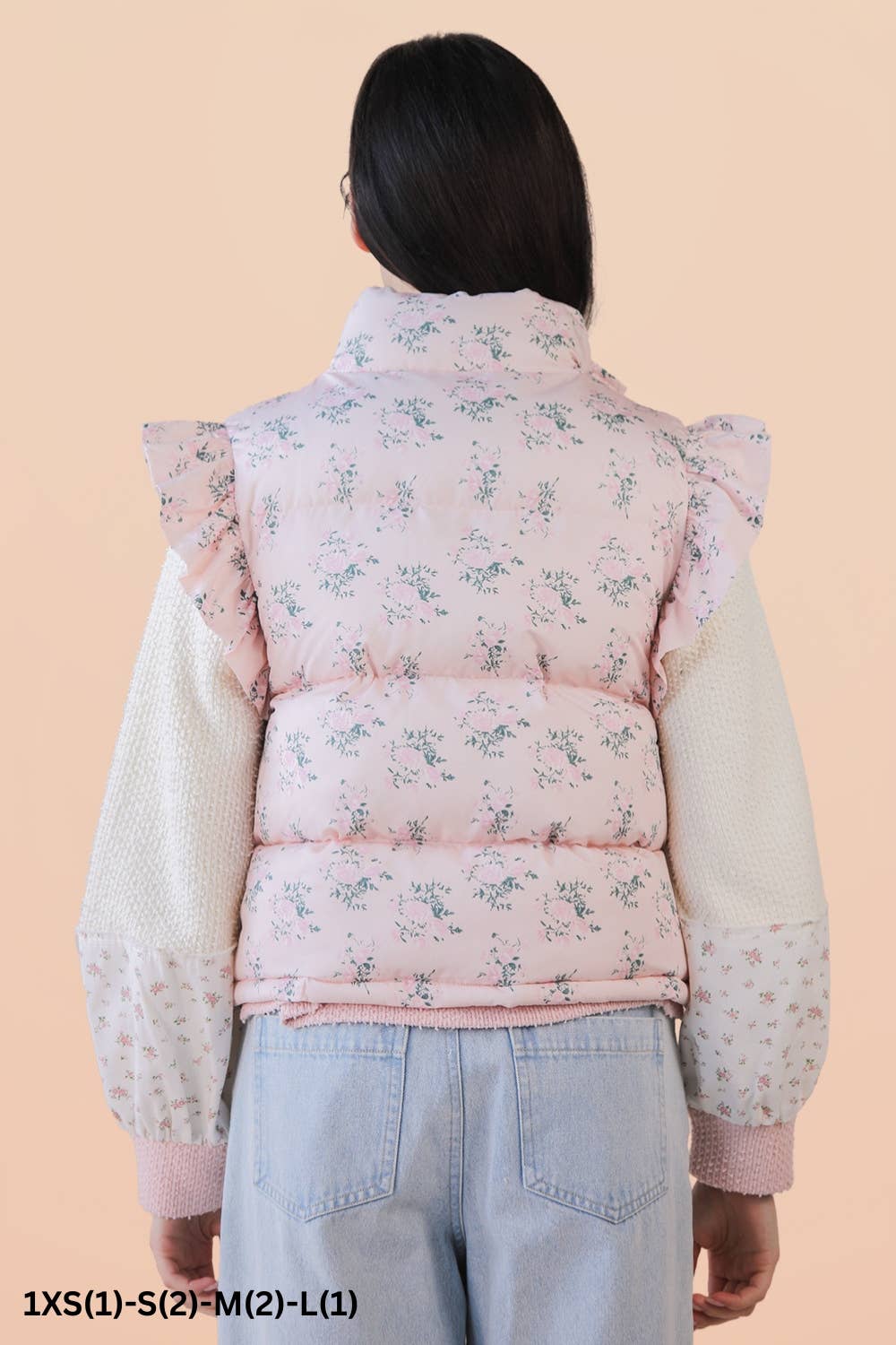 Vollie Front Bow Ruffle Sleeve Floral Puffer Vest